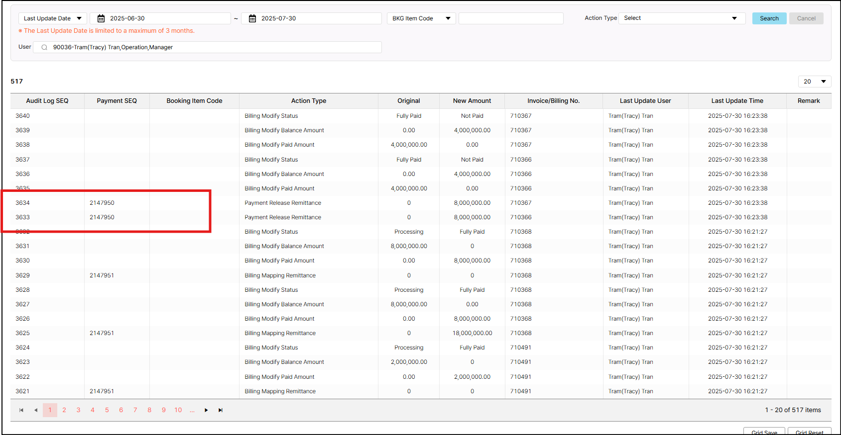 VOC support #864: Paid multiple billing (have same PM SEQ) > Release 1 belong billing > PM SEQ ...